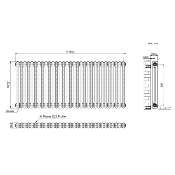 2 Column Horizontal Radiator 600mm x 1415mm Raw Metal | THE RADIATOR HUB