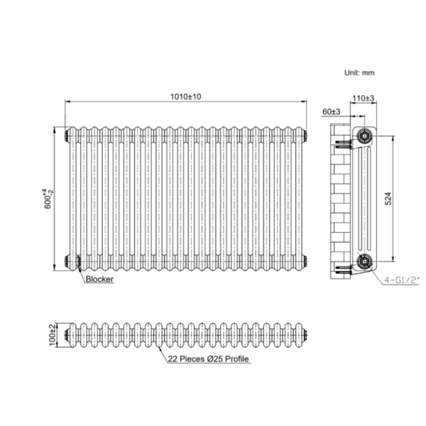 3 Column Horizontal Radiator 600mm x 1010mm White | THE RADIATOR HUB